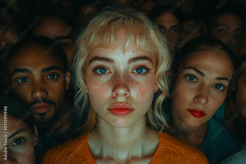 Artistic depiction of a group of diverse people stuck in an elevator ...