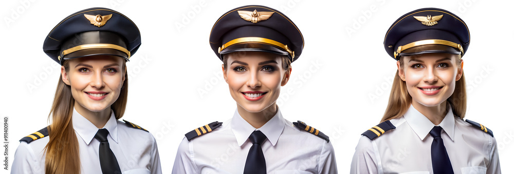Set of airplane pilot girls portraits on transparent background ...