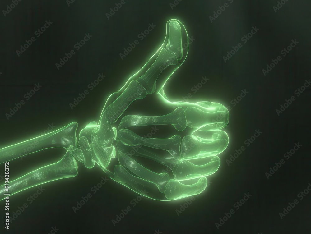 Animated xray of a hand giving a thumbsup, glowing bones, cheerful ...