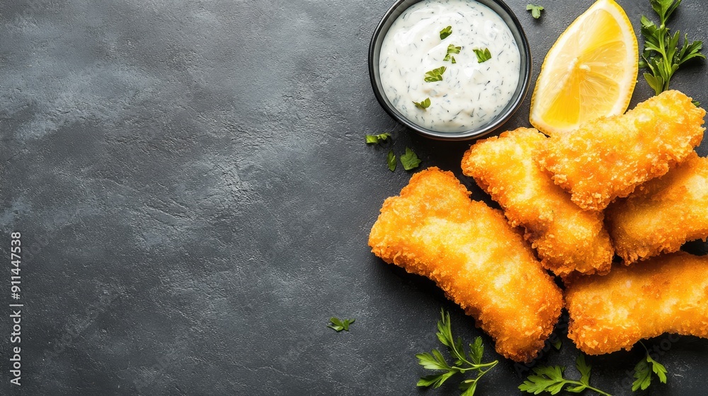 Crispy fish sticks served with lemon and tartar sauce, arranged in a ...
