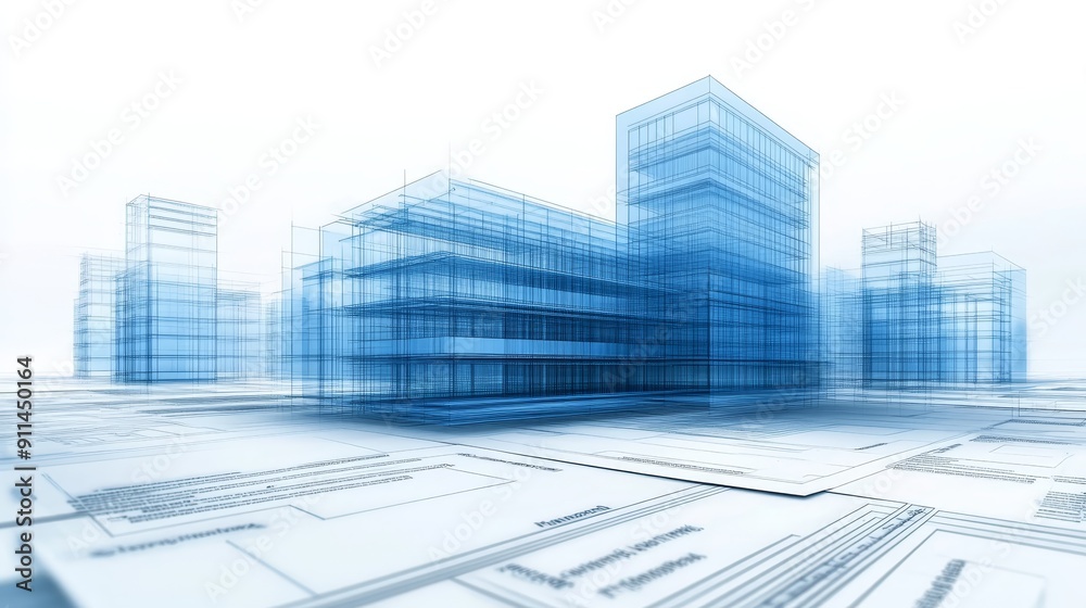Blueprint of modern urban architecture depicted in transparent blue ...