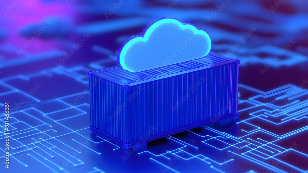 3D illustration of container technology with a glowing cloud icon ...