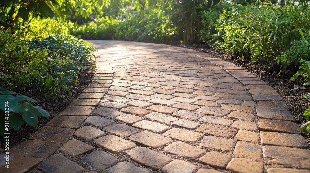 Brick block paving on a garden path, illustrating the natural and ...