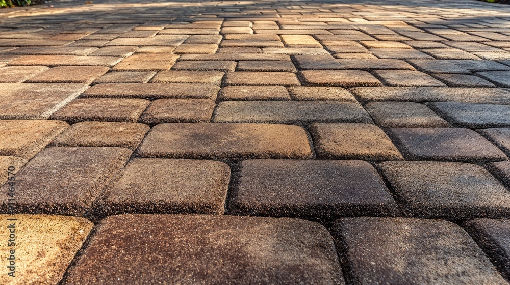 Concrete brick block paving an empty driveway, illustrating the ...
