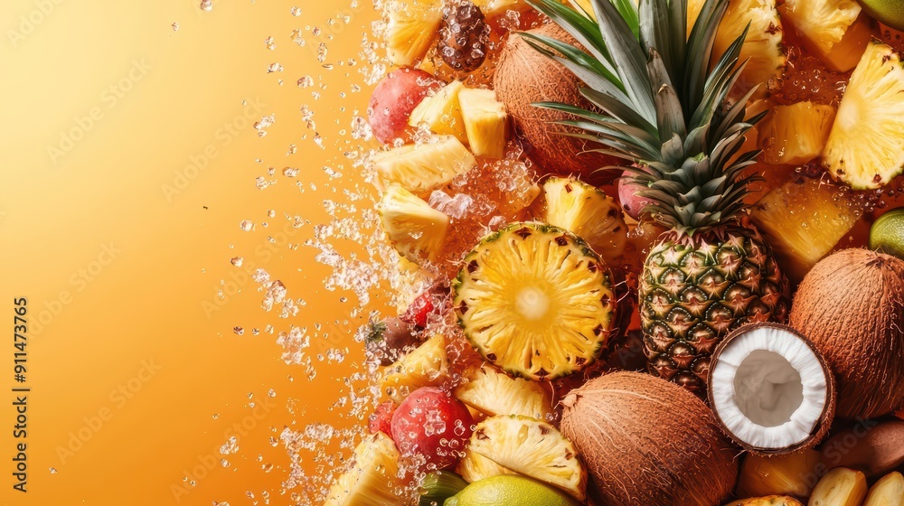 Colorful splash of tropical fruits, exploding in an empty scene with a ...