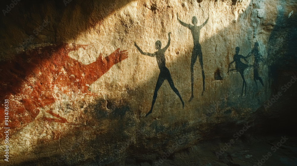 Depict ancient cave paintings or carvings, highlighting the historical ...