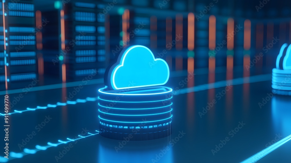 Futuristic cloud computing network concept, visualized with glowing cloud icon on a server ...