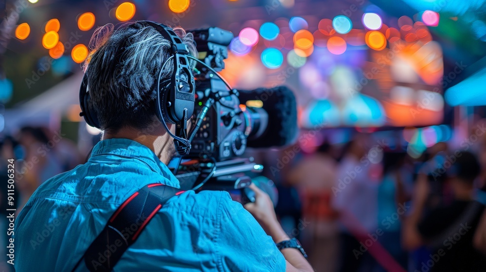 Camera operator filming live event with colorful stage lights in ...