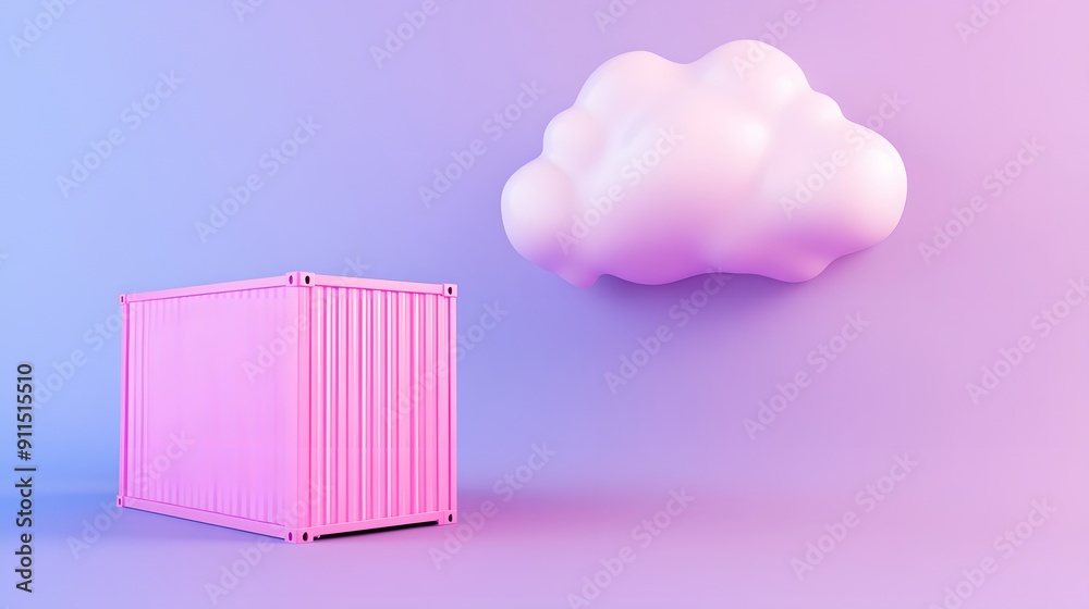 Pink shipping container beside a fluffy cloud in a pastel gradient ...