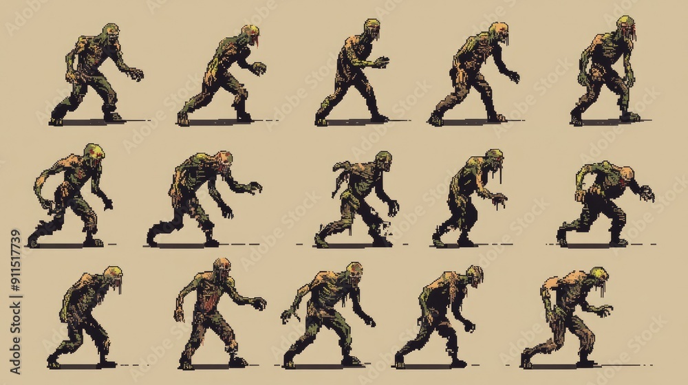 Sprite sheet featuring 32x32 pixel art zombies in various walking and ...