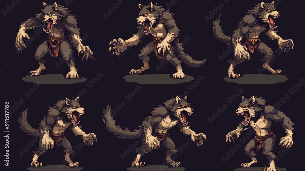 Sprite sheet featuring 32x32 pixel art werewolves in different attack ...