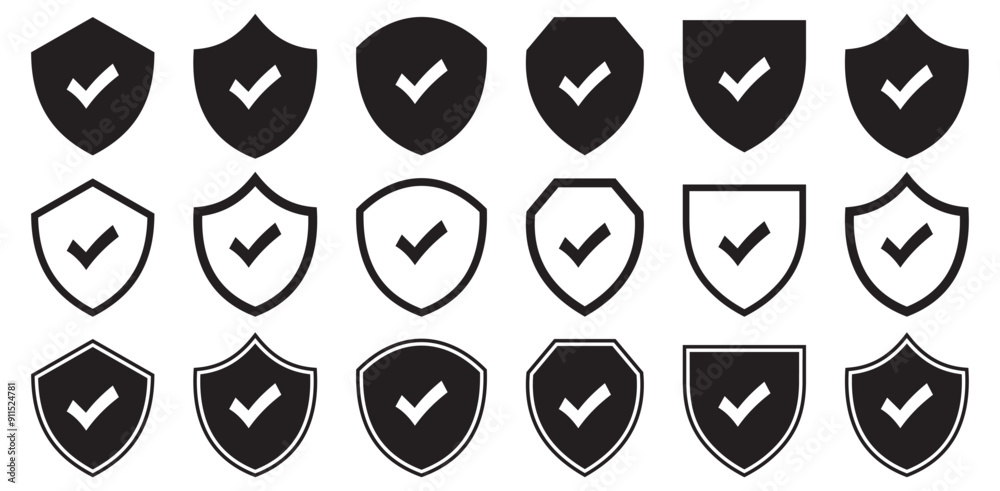 Safe protection logo - shield and black check mark or tick symbol ...