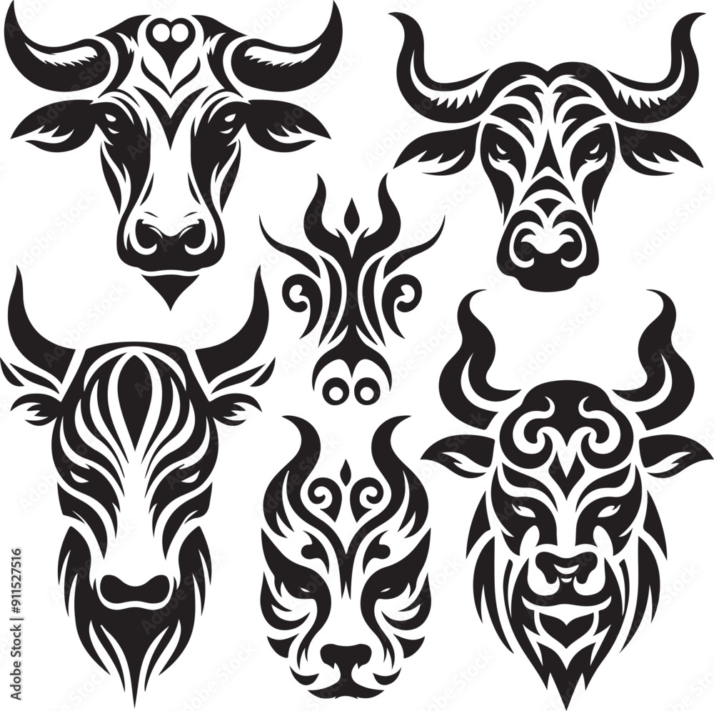 head of a bull Cow face set silhouette, tribal tattoo vector white ...