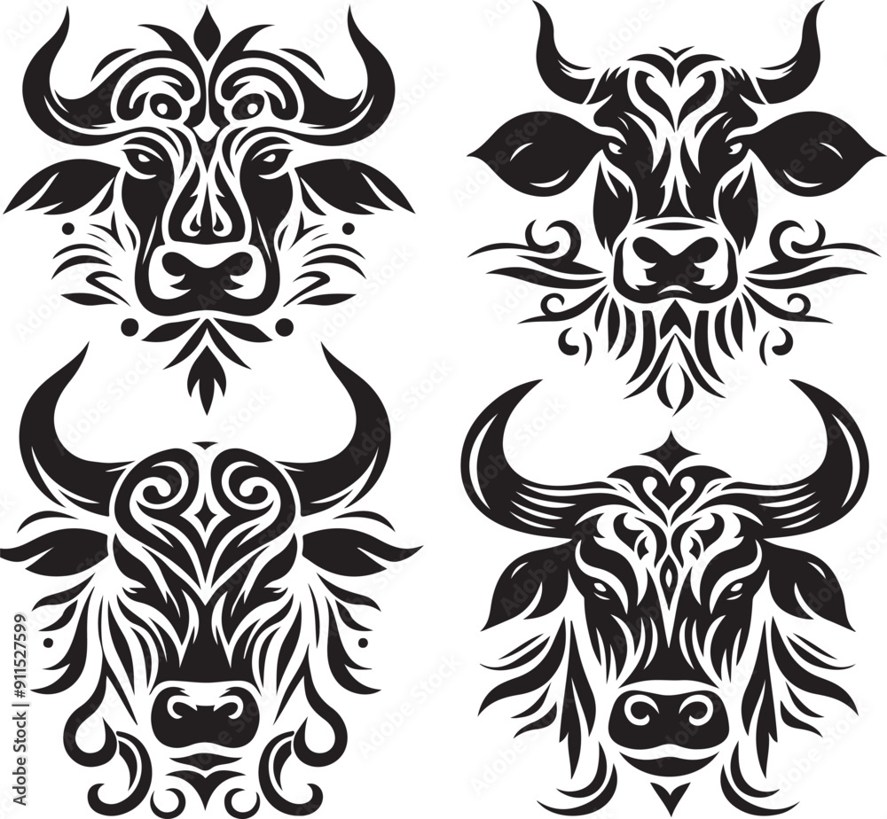 head of a bull Cow face set silhouette, tribal tattoo vector white ...