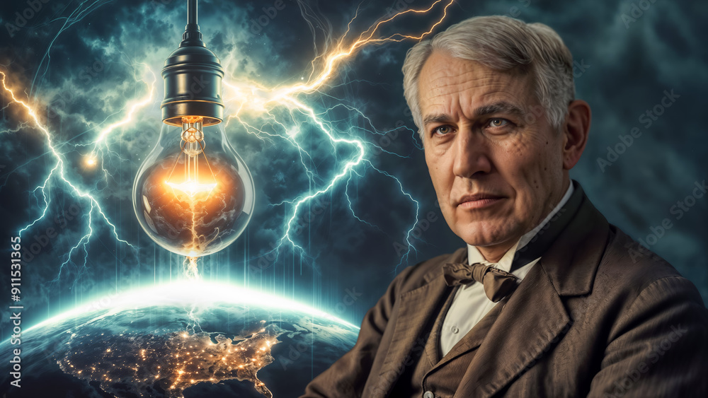 Portrait of Thomas Alva Edison, older man with white hair in vintage ...