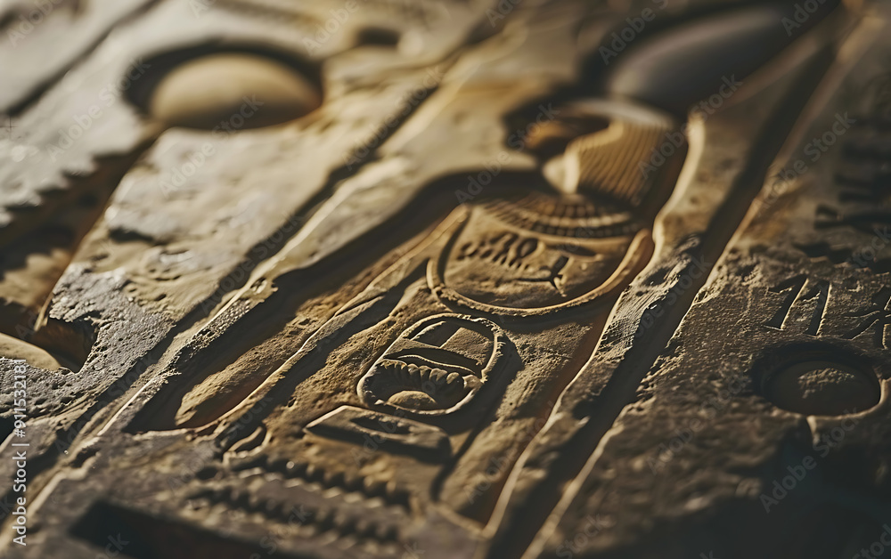 Ancient Egyptian gods carved in stone, beige, gold, blue, historical ...