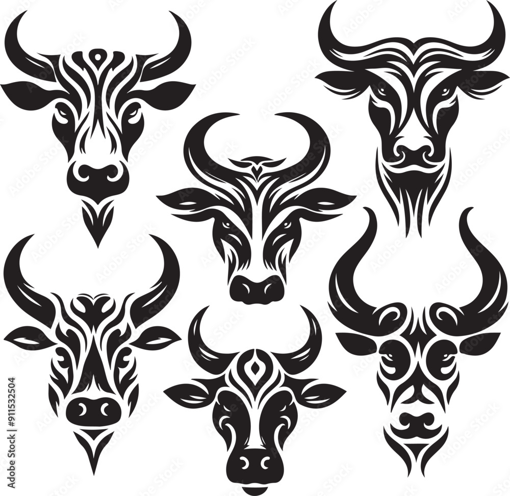 head of a bull Cow face set silhouette, tribal tattoo vector white ...