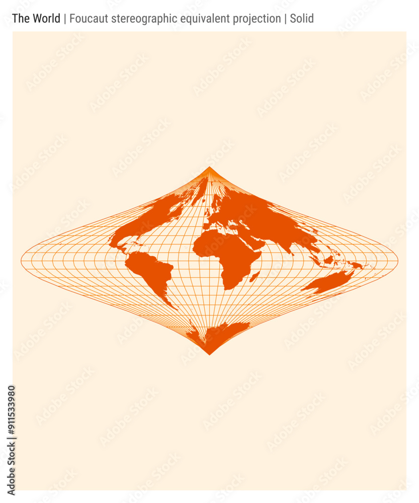 World Map. Foucault stereographic equivalent projection. Solid style ...