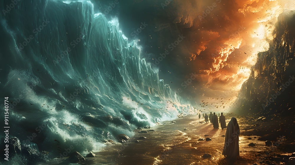 Moses parts the Red Sea, creating towering walls of water and a ...