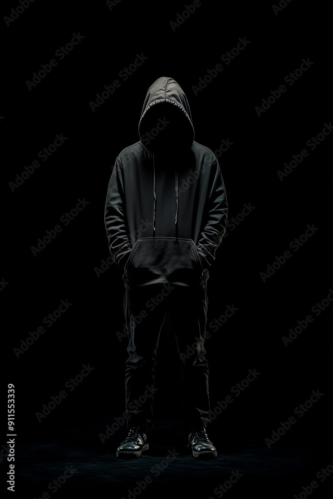 A shadowy figure in a dark hood. Obscure background. Black attire ...