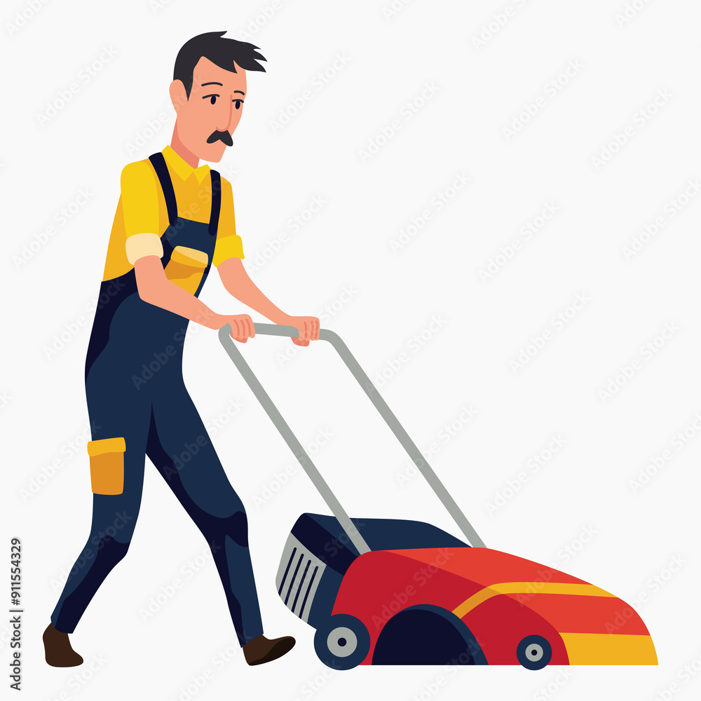 Professional gardener working on backyard and mowing lawn with electric ...