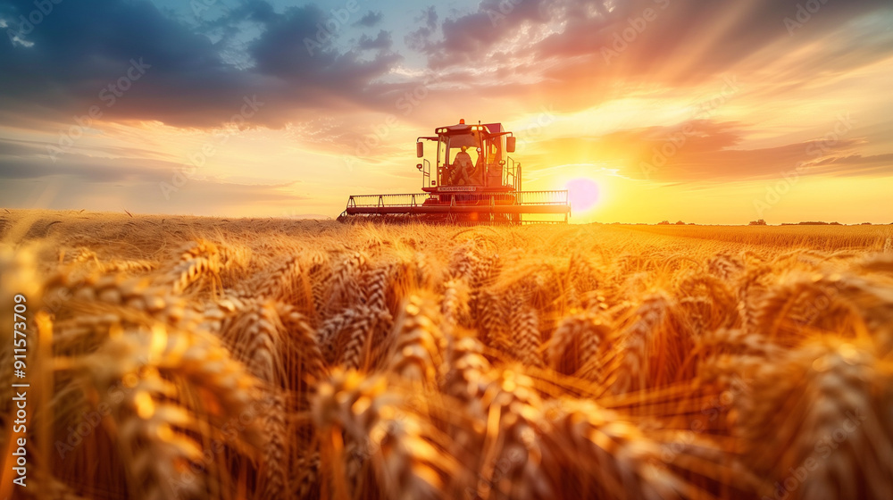 Combine harvester working in wheat field at sunset. Ripe wheat harvest ...