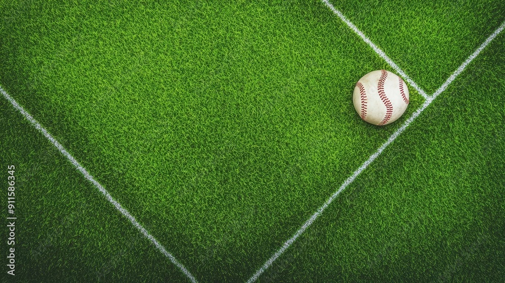 Aerial view of a baseball field with distinct infield lines and lush ...