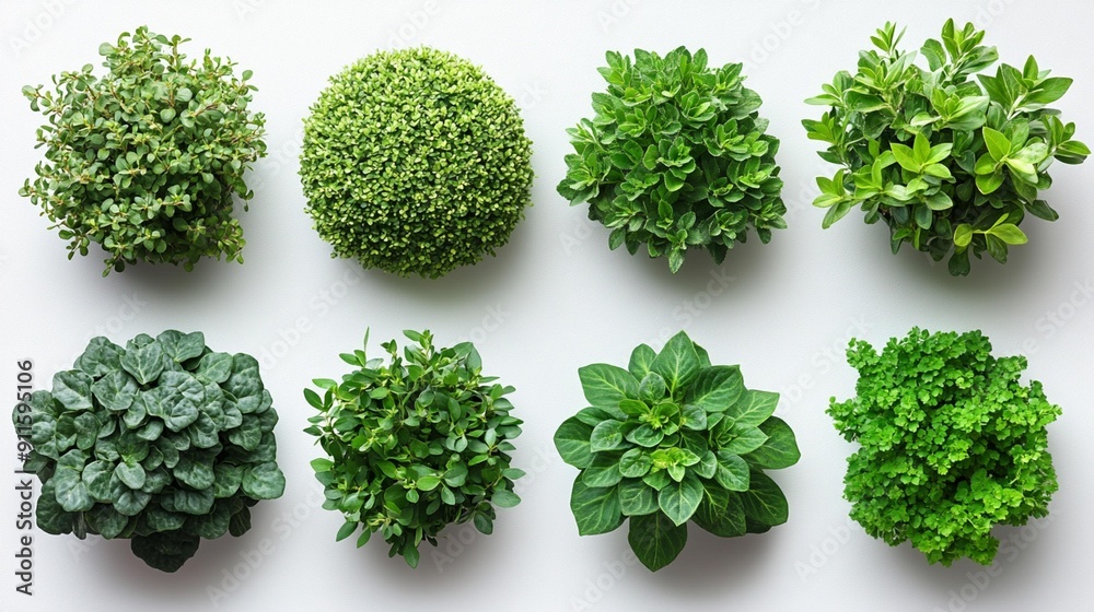 Decorative green bush and shrub plants collection from top view ...