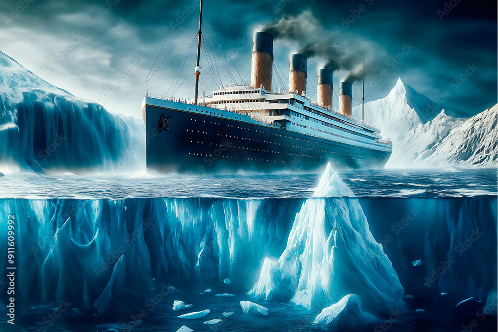 An iconic and tragic journey, the Titanic glides through icy waters ...