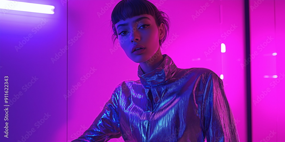 Futuristic portrait of woman in iridescent outfit under neon lights for ...