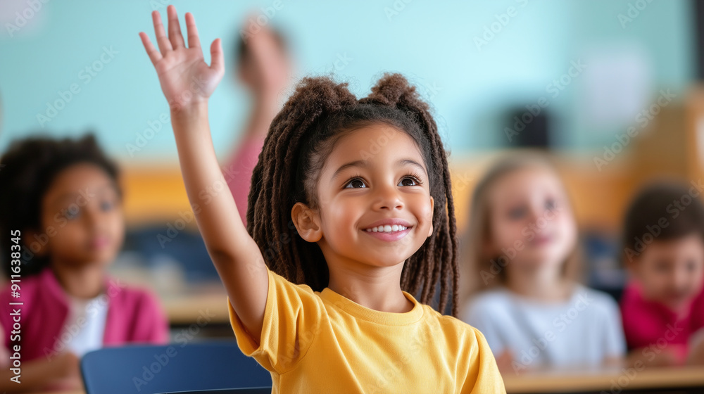 Students eagerly raising hands in a classroom, female teacher in ...