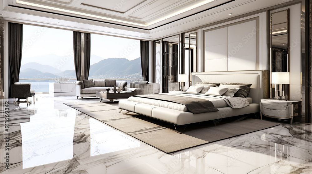 Luxury modern bedroom suite in hotel with white marble floor. Design ...