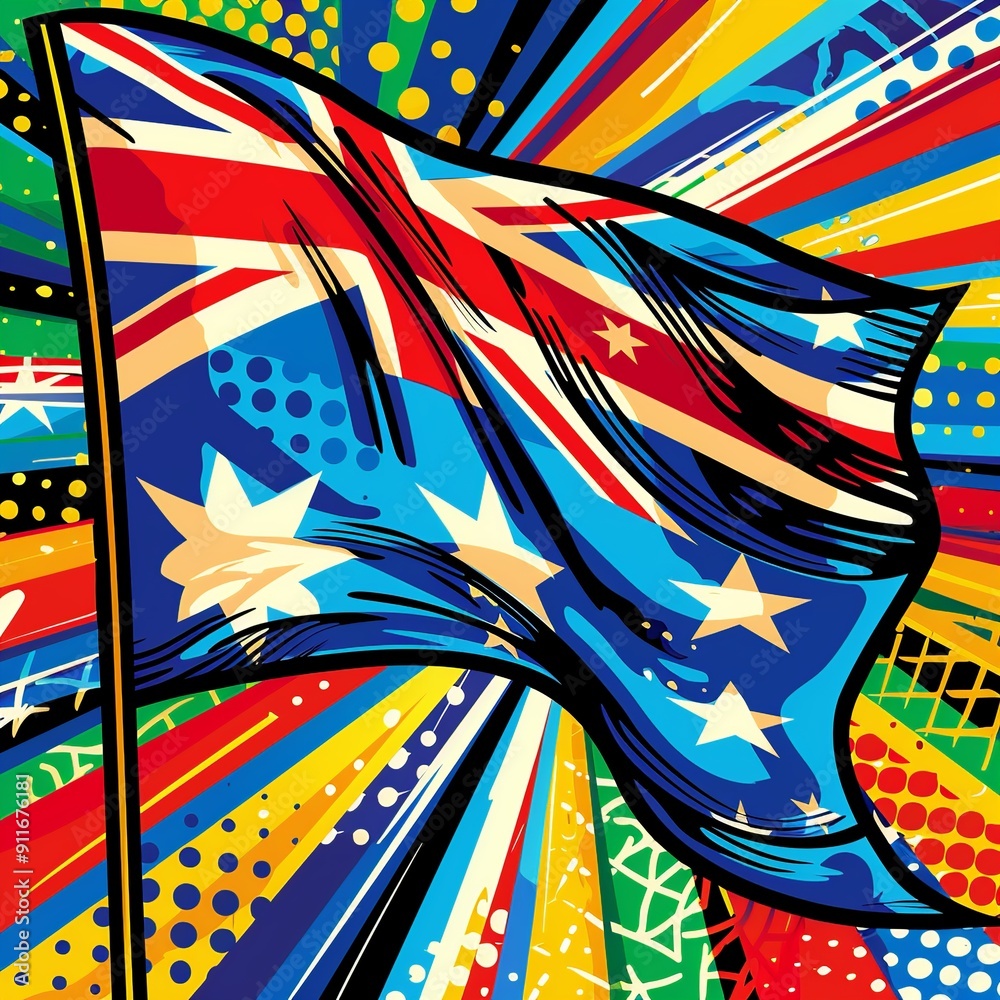 This pop art-style illustration of the Australian flag features bold ...