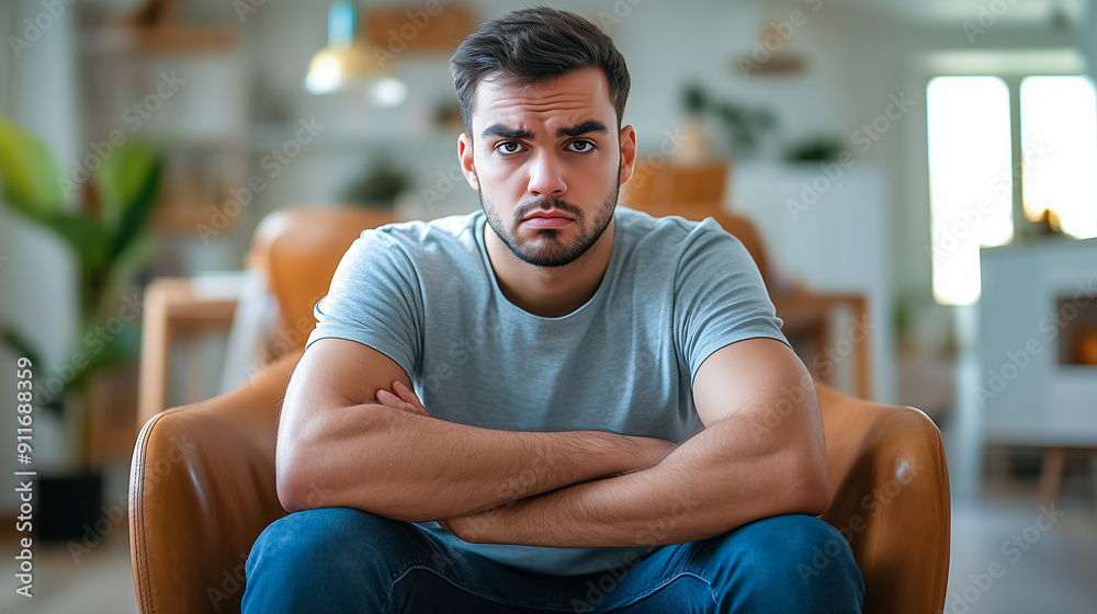 26 years old man upset and sad sitting on the brown leather modern ...