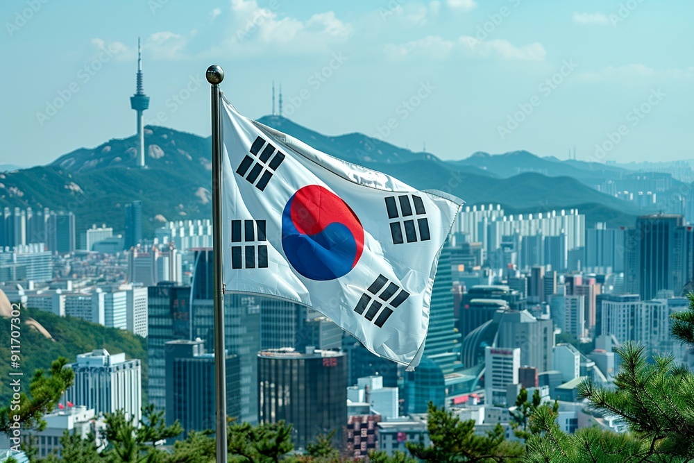 The South Korean flag waves majestically above the bustling skyline of ...