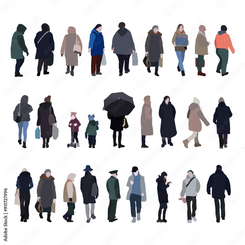 A large set of silhouettes of people. 2D image for use as an entourage ...