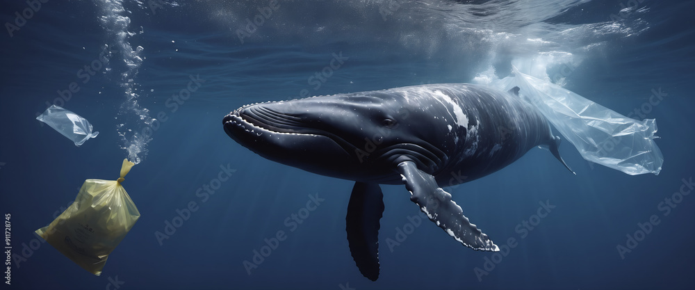 Whale in its natural habitat surrounded by man-made waste and plastic ...