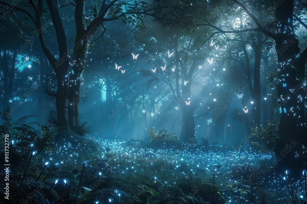 ethereal forest scene with bioluminescent flora and fauna creating a ...