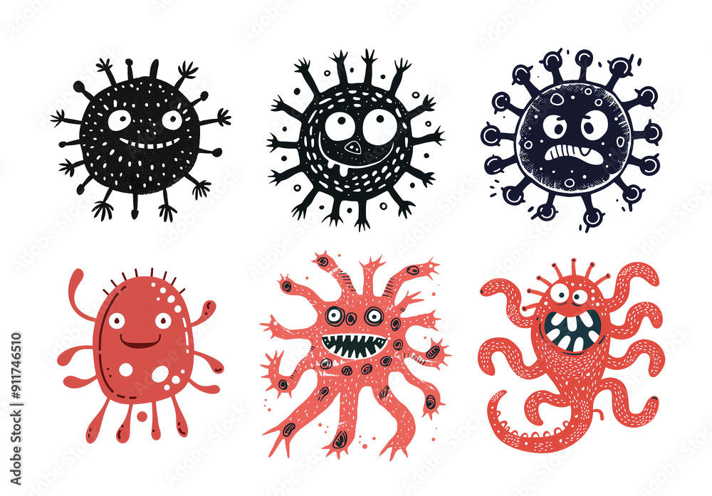 Cartoon microorganism characters, viruses and bacteria. Flat ...