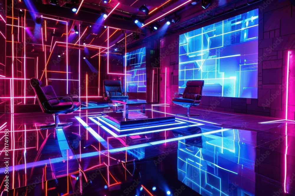 futuristic game show set with holographic displays floating chairs and ...