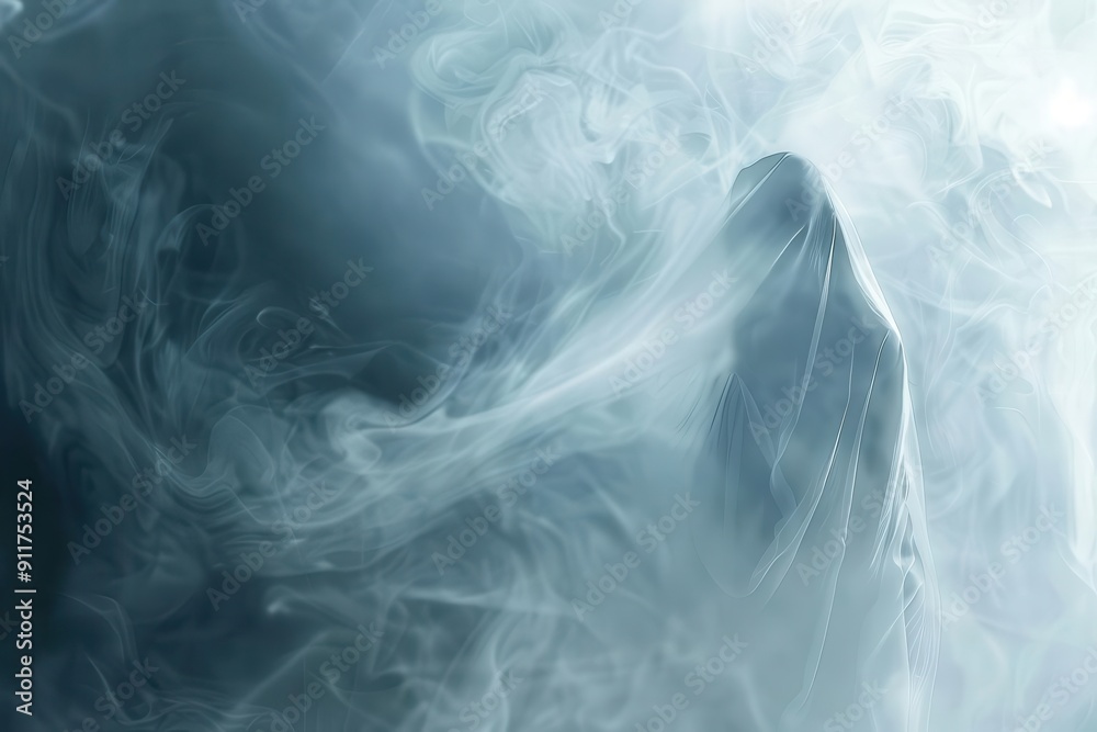 ghostly apparition of a woman emerging from swirling mist ethereal and mysterious with soft ...