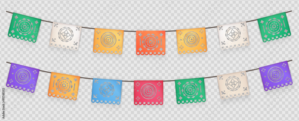 3d realistic colorful papel picado hangs against a transparent background. Mexican paper cut ...