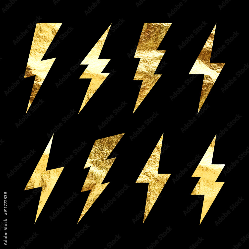 Golden lightning bolt icons collection. Gold foil texture. Flash symbol ...