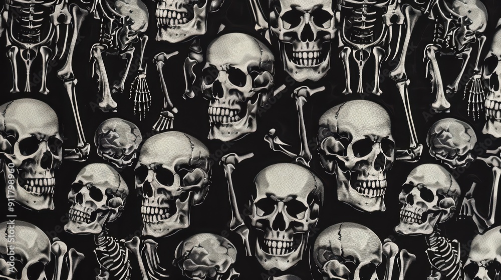 repeating skeleton motifs arranged in a uniform pattern, offering a ...