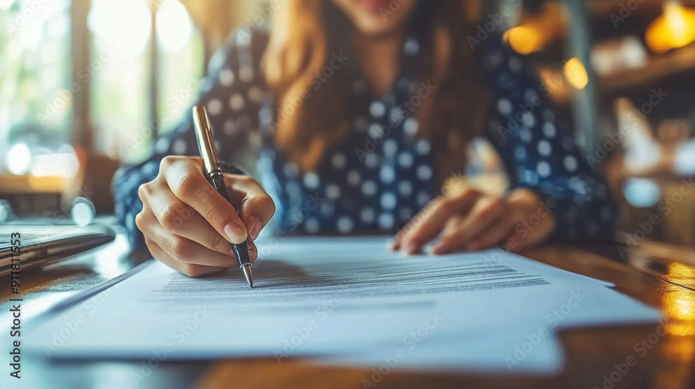 woman's hand signing a document, symbolizing agreement, commitment, and ...