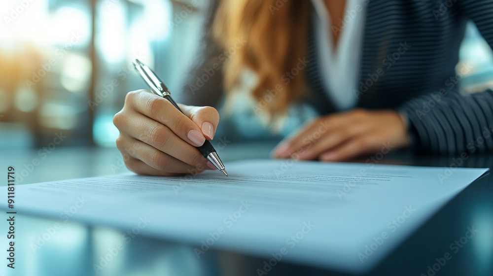 woman's hand signing a document, symbolizing agreement, commitment, and ...
