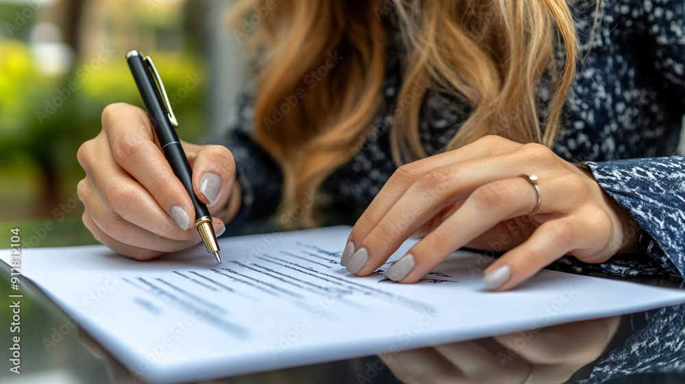 woman's hand signing a document, symbolizing agreement, commitment, and ...