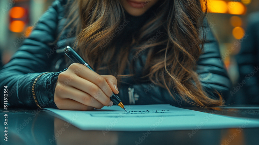 woman's hand signing a document, symbolizing agreement, commitment, and ...