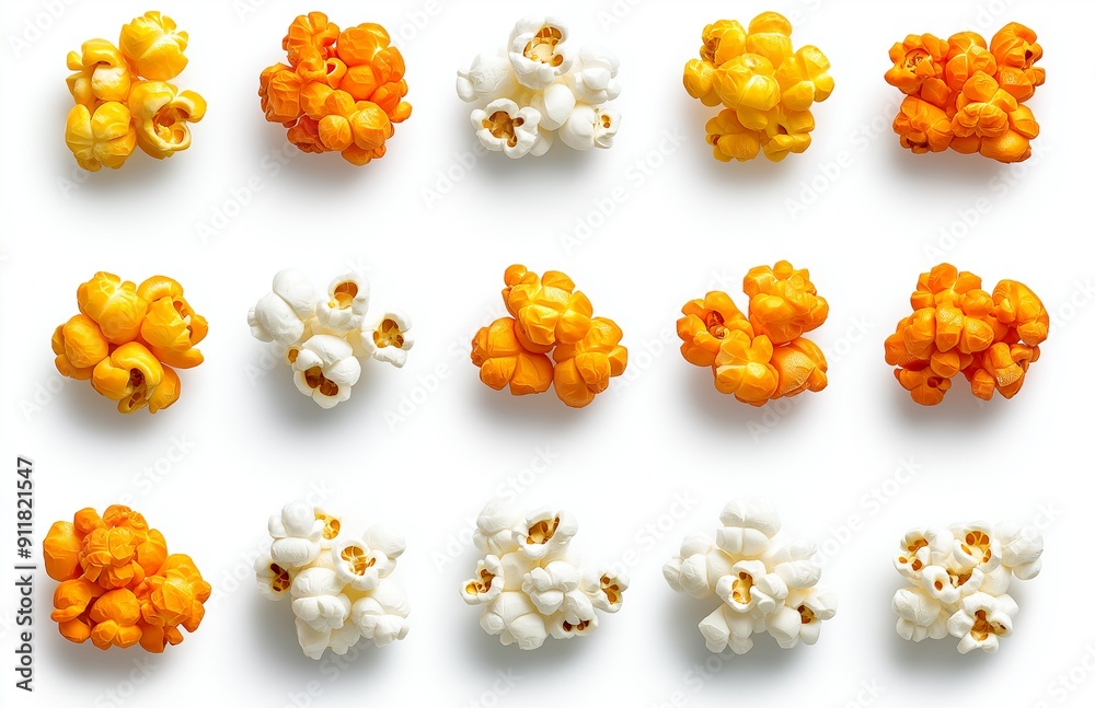 A visually engaging image displaying multiple clusters of popcorn in a ...