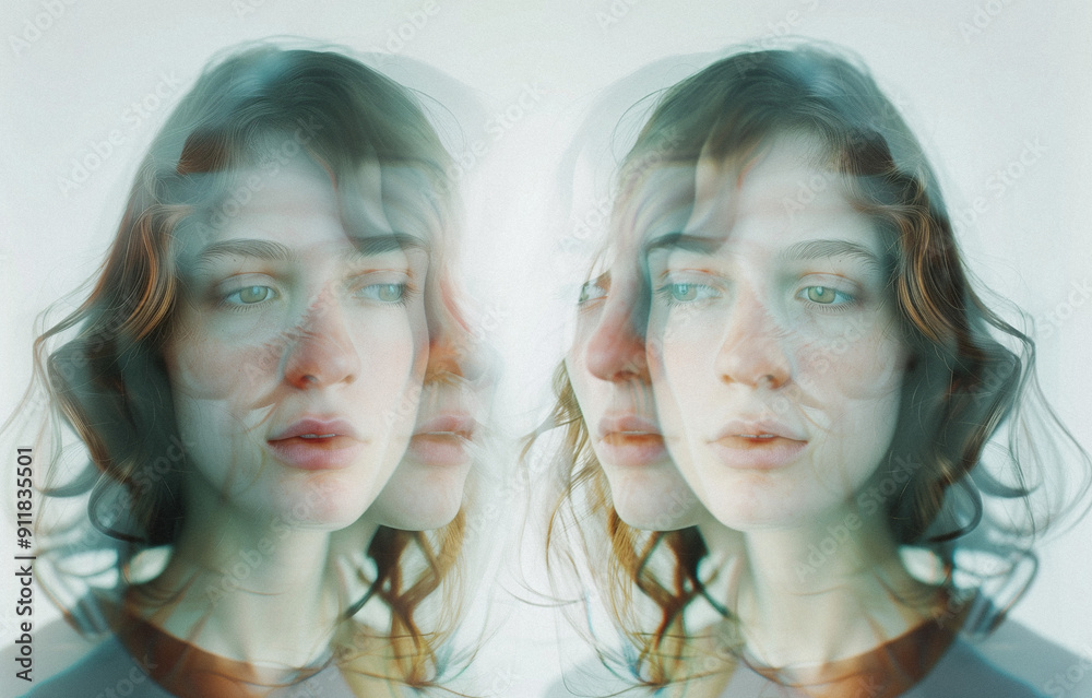 Portrait of a woman suffering from split personality disorder or ...